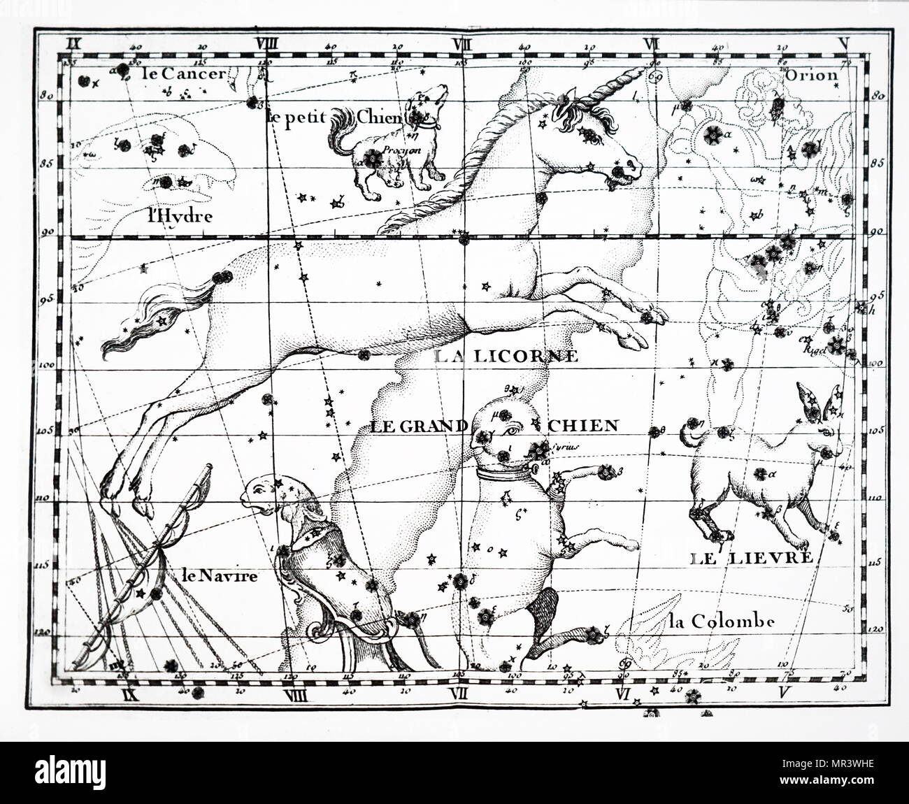 Chart showing the constellation of Monoceros and Canis Major. Dated ...