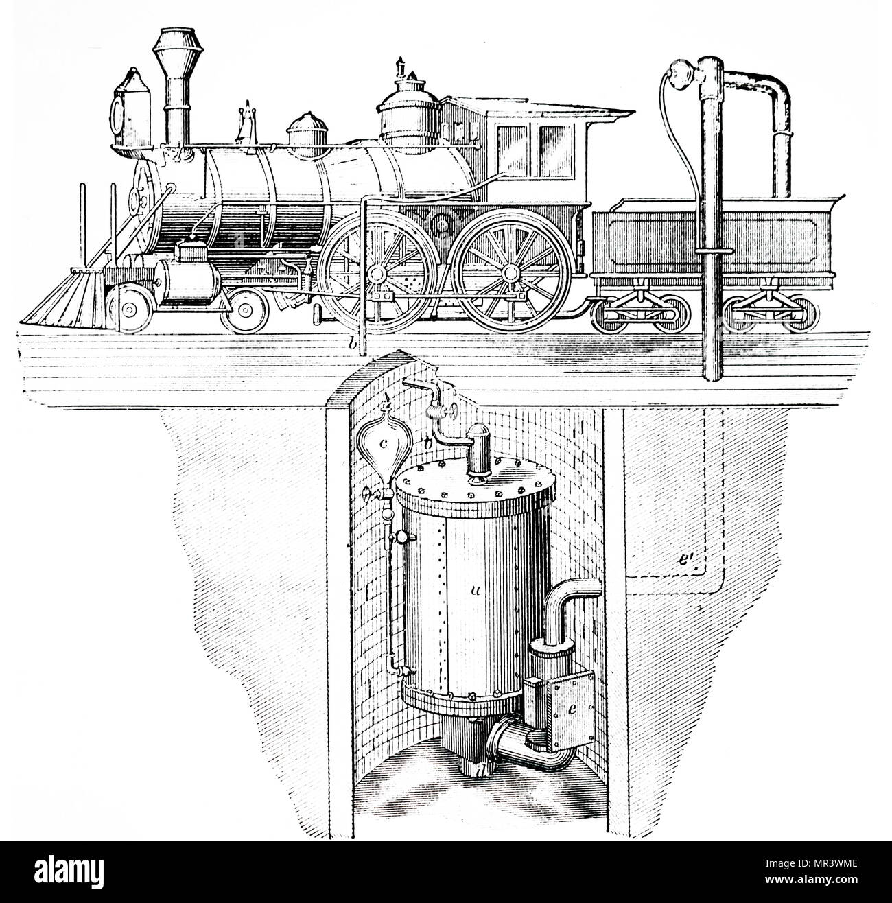 Illustration depicting a steam locomotive. A flywheel is mounted on the ...