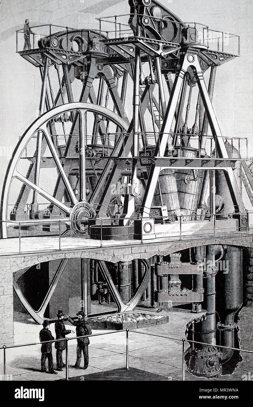 Illustration depicting a steam powered pumping engine. This compound ...