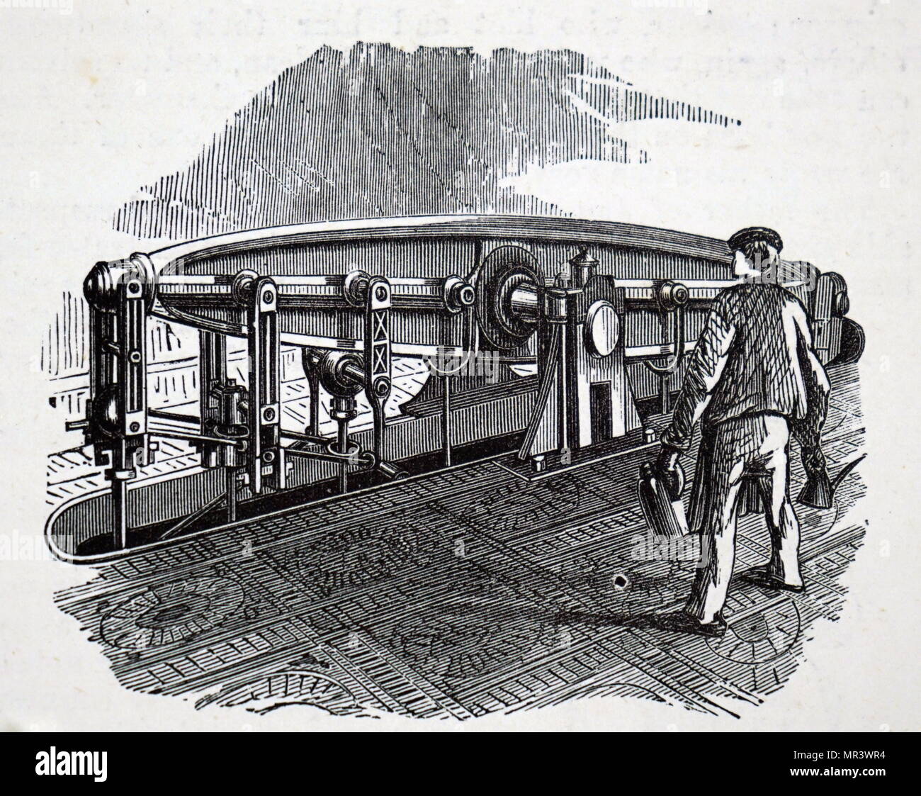 Engraving depicting an engineer carrying an oil can in hand, checking ...