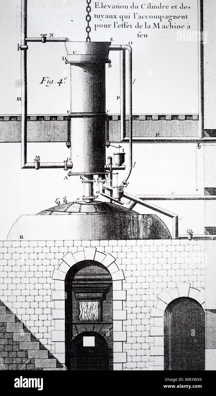Engraving depicting a Newcomen steam engine. Thomas Newcomen (1664-1729 ...