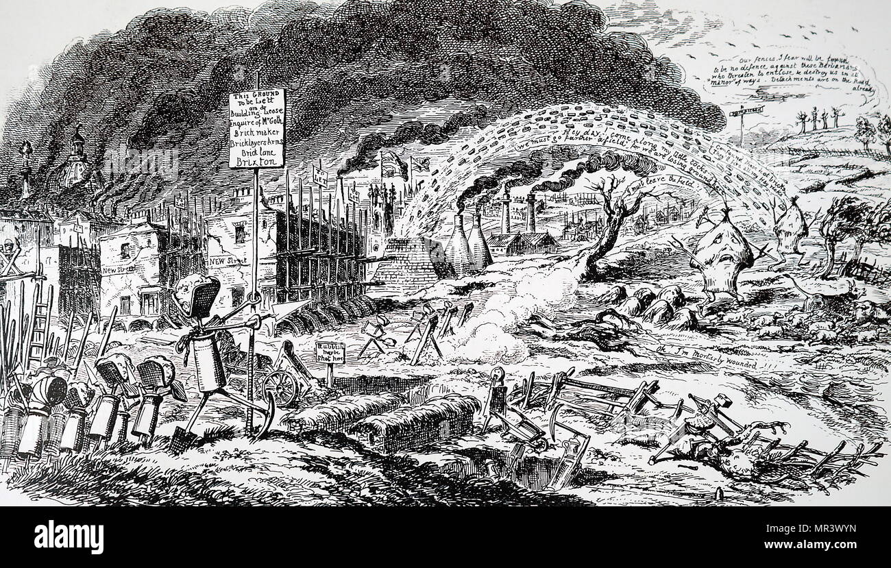Etching depicting the expansion of London, showing the eating up of ...