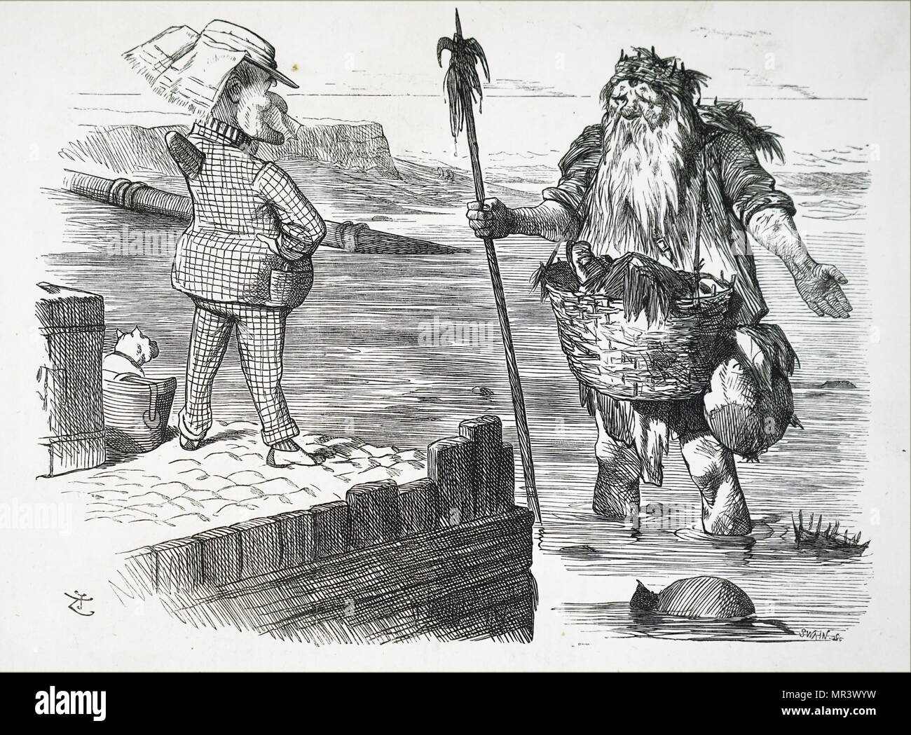 Cartoon depicting Old Father Thames looking ashamed of his filthiness ...