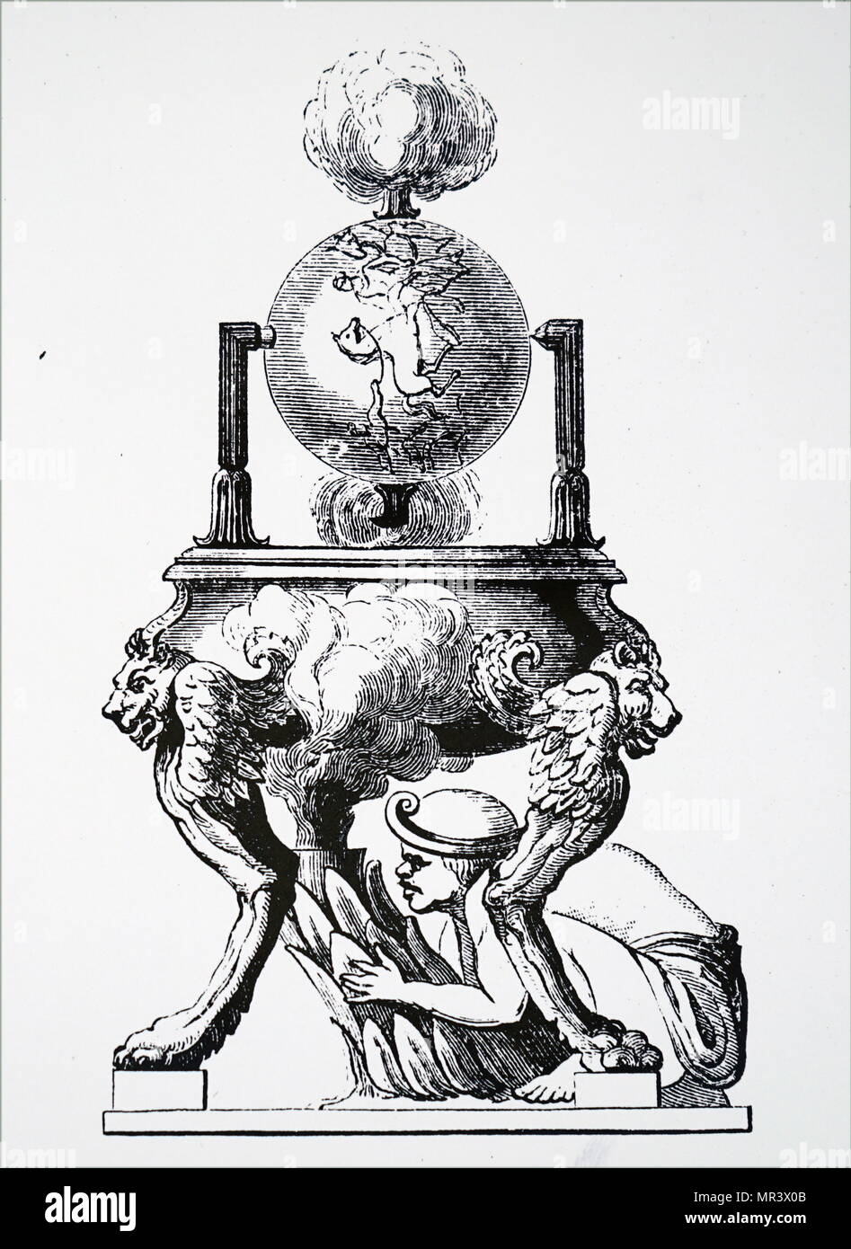 Engraving depicting an Aeolipile, a simple bladeless radial steam ...