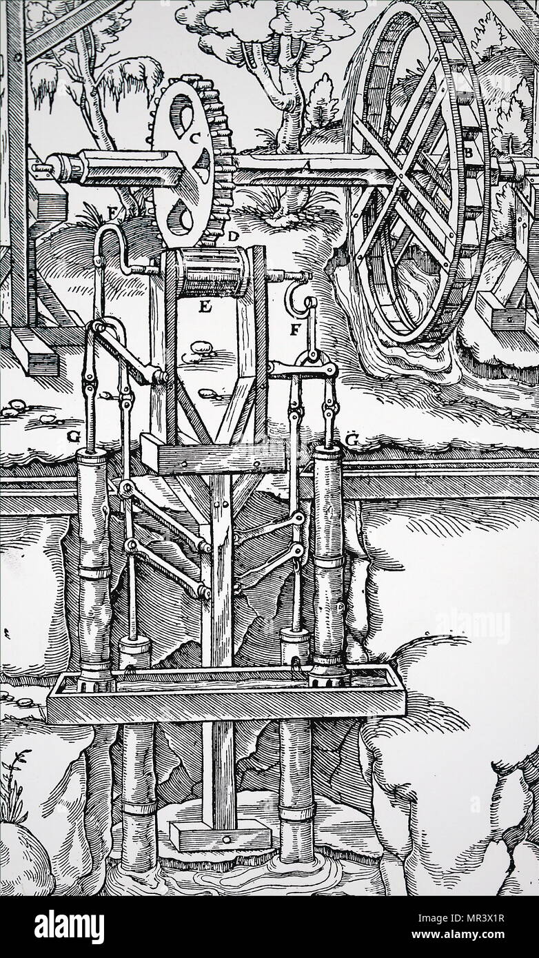 Engraving depicting multiple suction pumps, powered by an overshot ...
