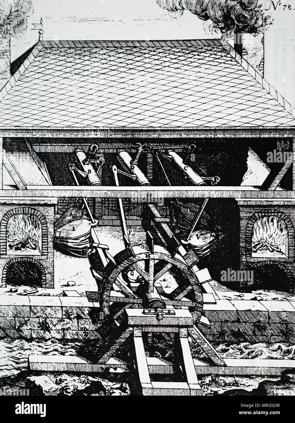 Engraving depicting a Forge with bellows driven by an undershot water ...