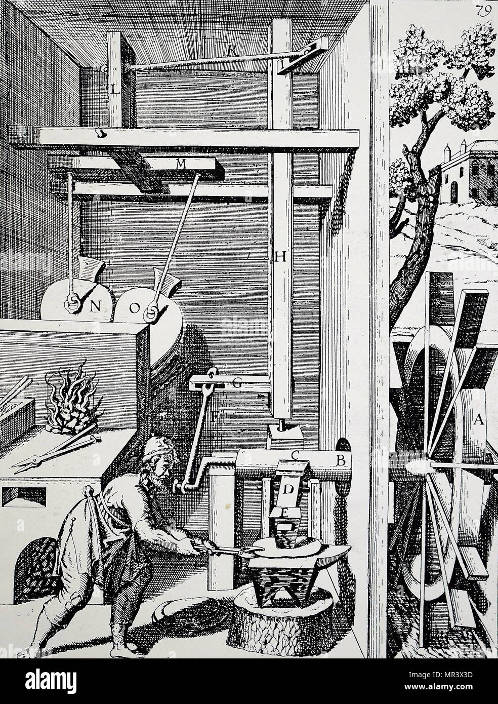 Engraving depicting a forge with bellows and hammer powered by an ...