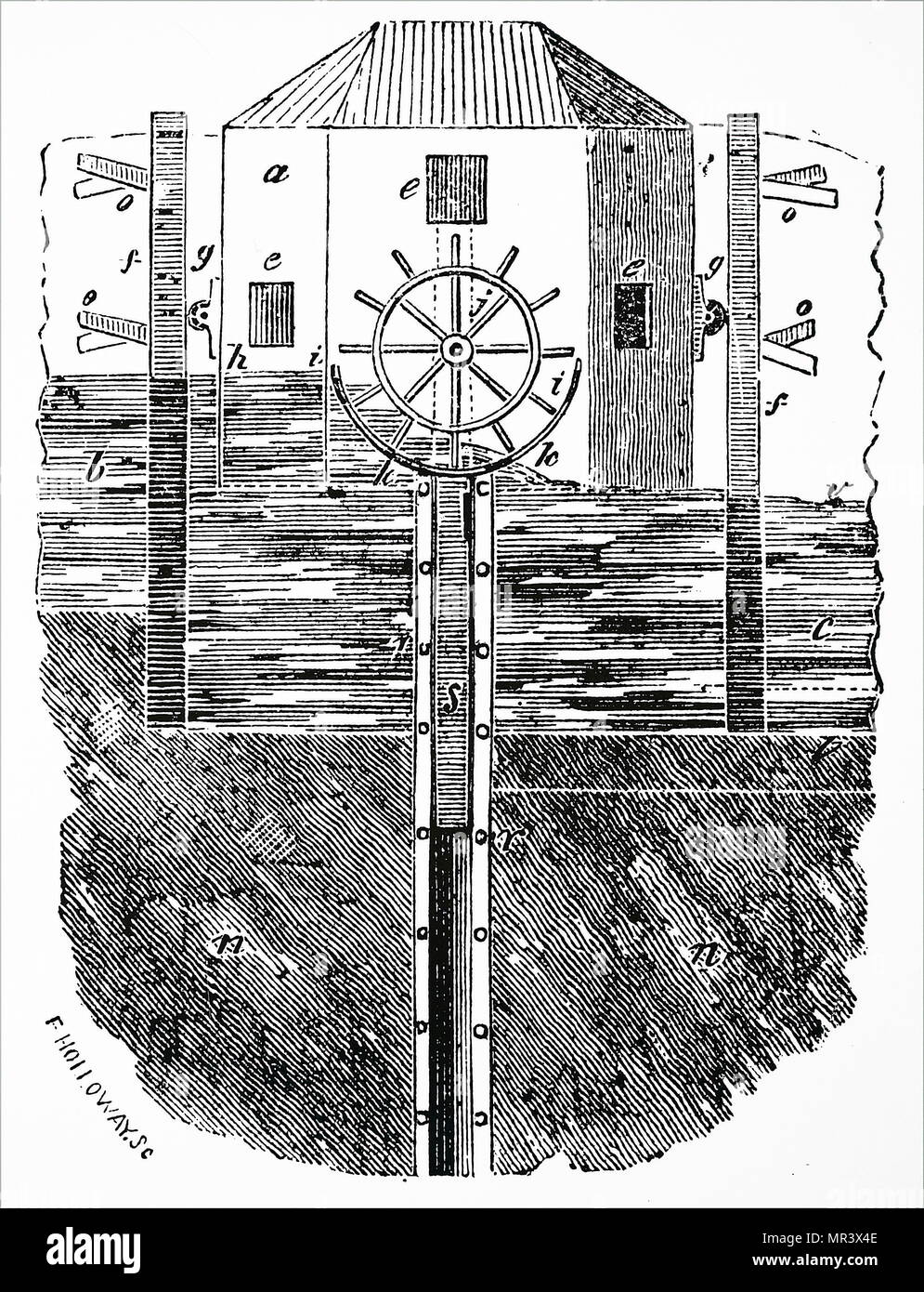 Engraving depicting a Tide Mill, powered by the rising and falling of ...
