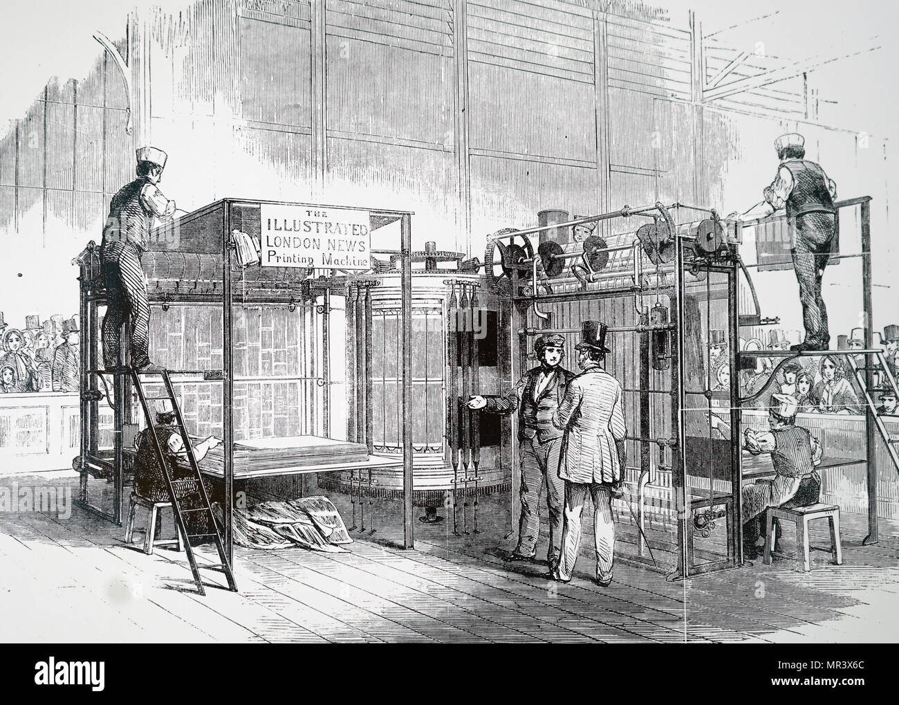 Engraving depicting Augustus Applegath's vertical cylinder printing ...