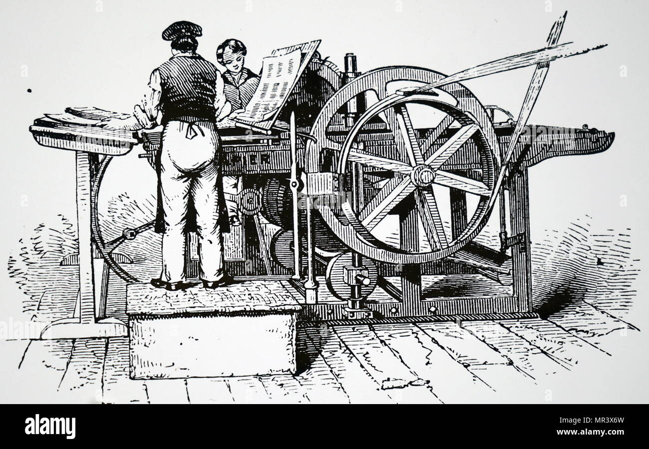 Illustration depicting a 'Liberty' plate printing press, much used by ...