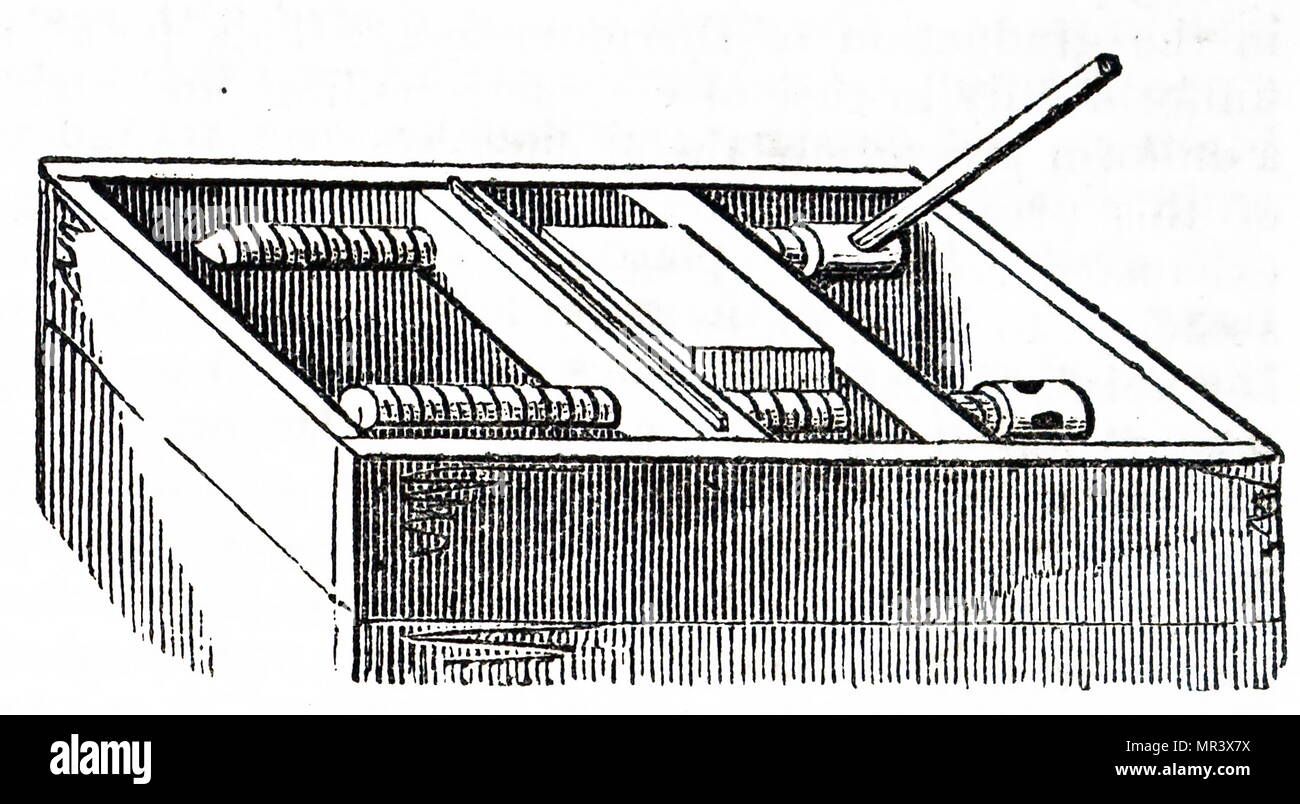 Illustration depicting the process of bookbinding: bookbinder's rolling ...