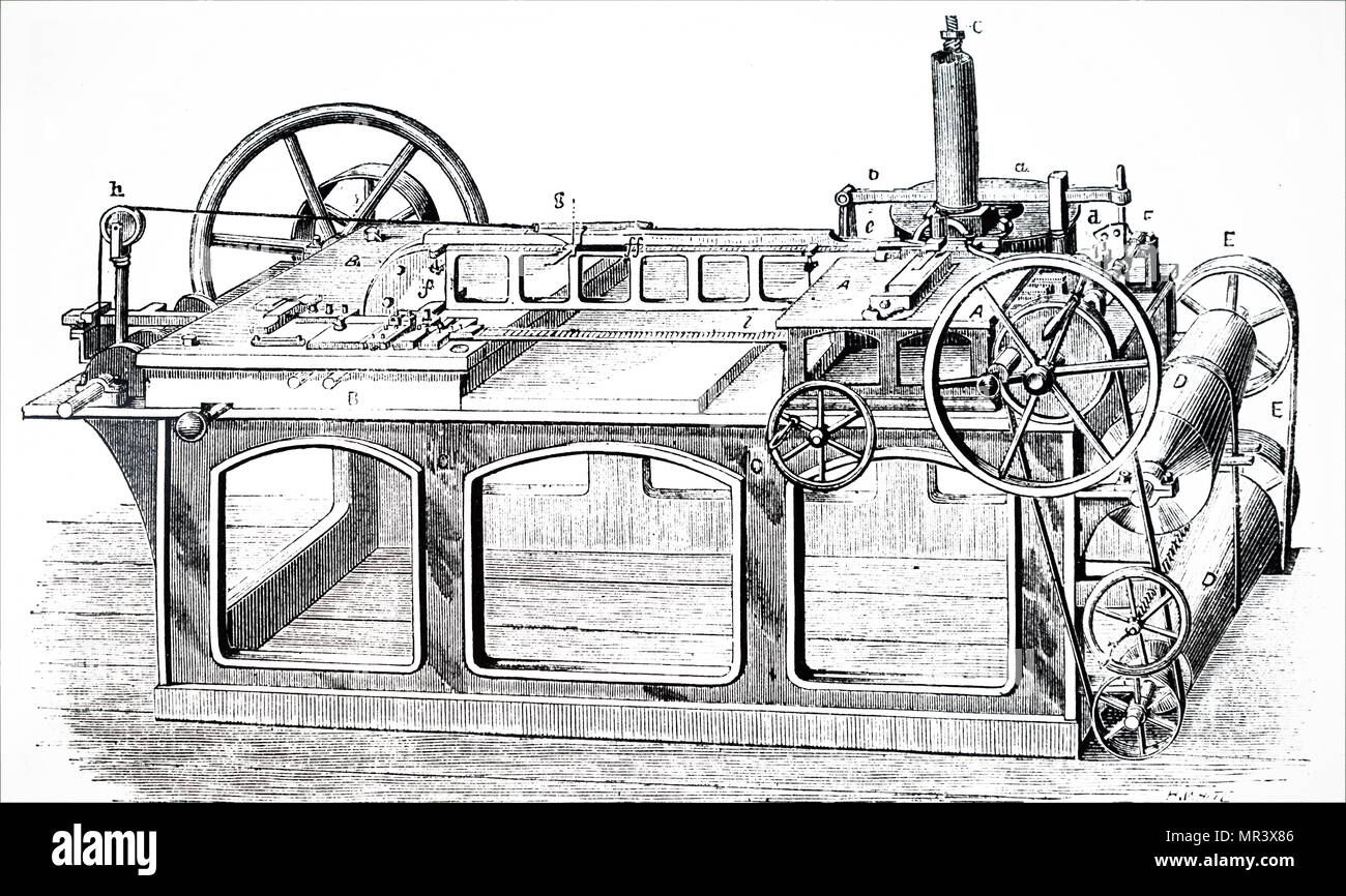Illustration depicting a type founding machine for making printers type ...