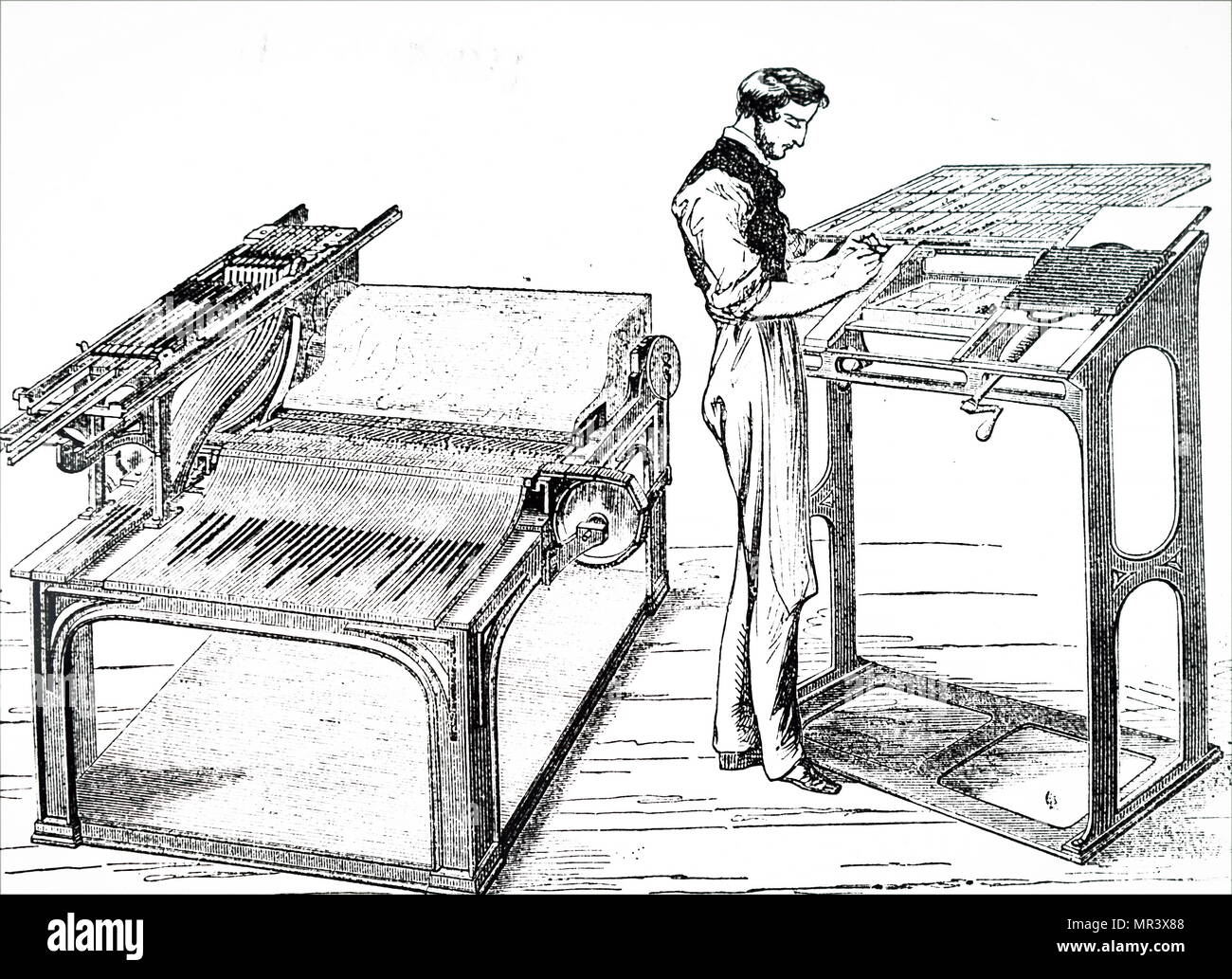 Illustration depicting a type-composing and distributing machines ...