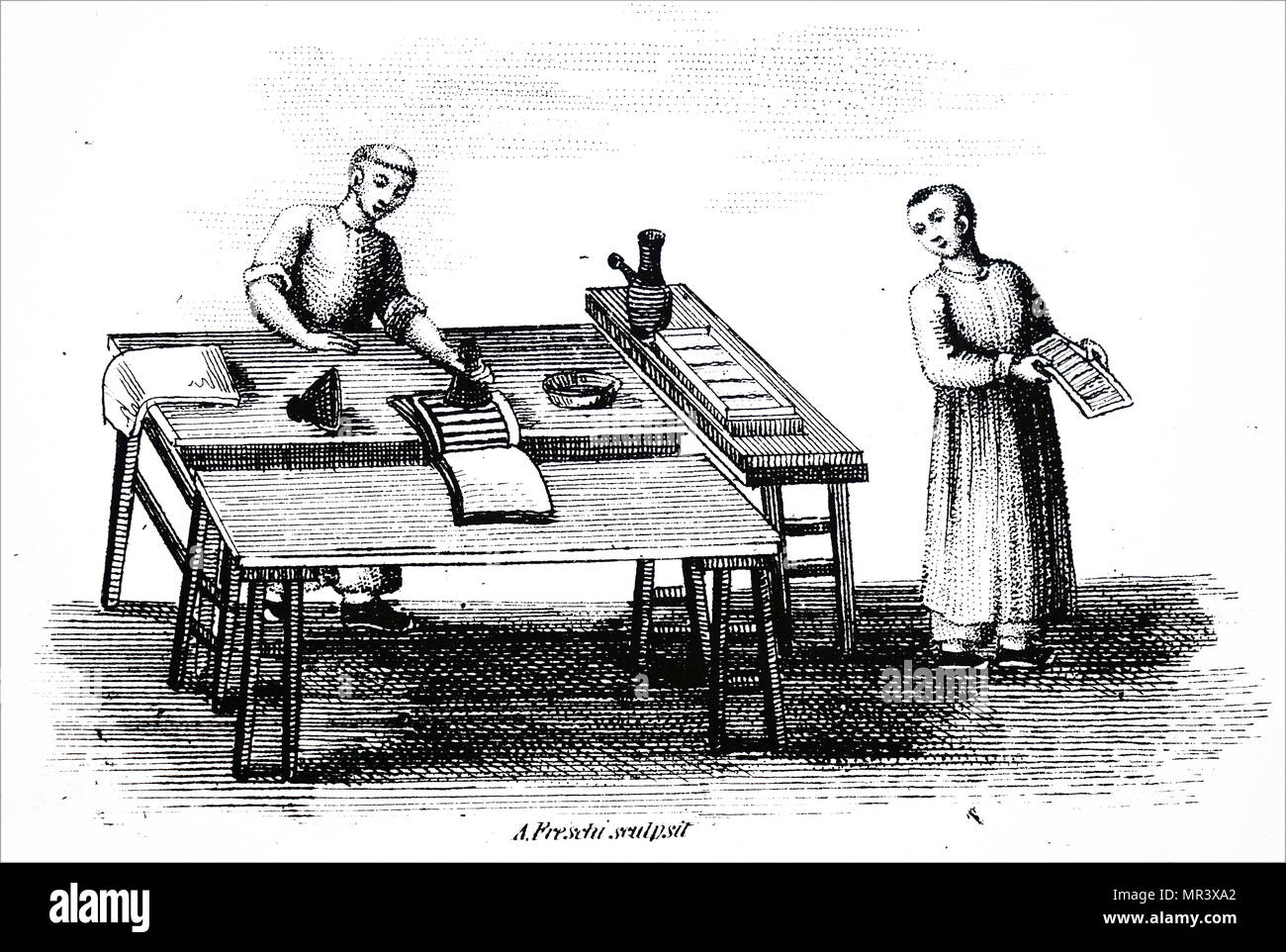 Engraving depicting printing in China. Dated 19th century Stock Photo ...