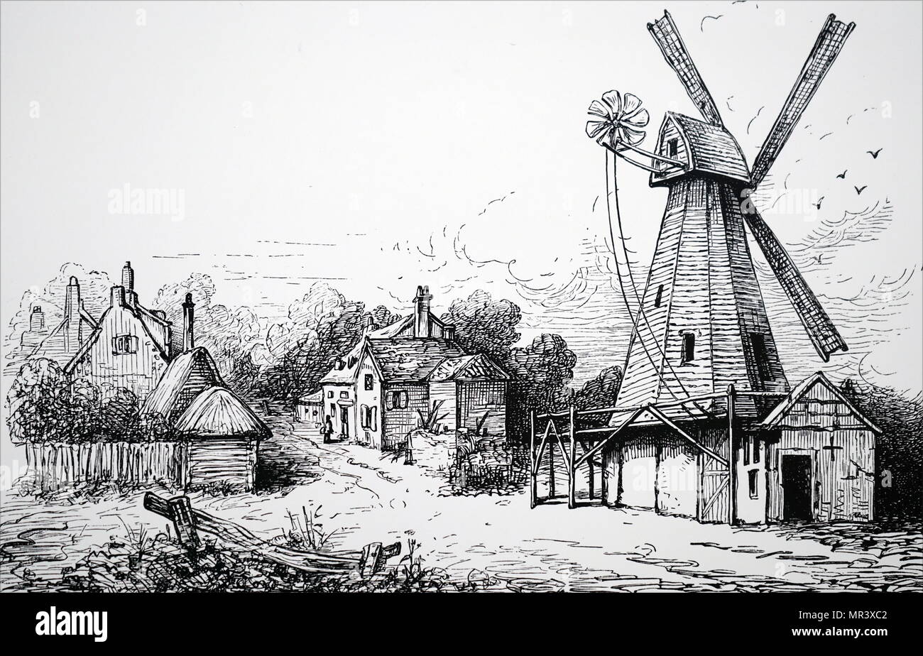 Engraving depicting a smock mill with fantail used for grinding corn ...