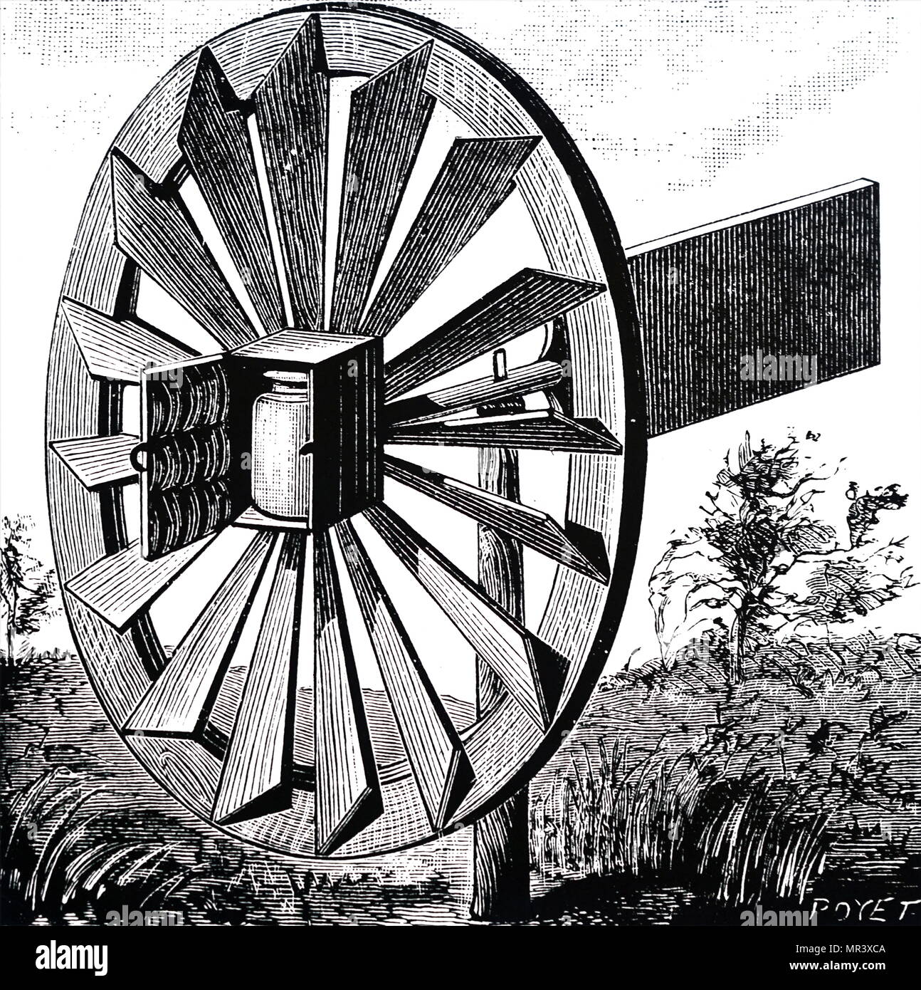 Engraving depicting butter being churned by the power of the wind ...