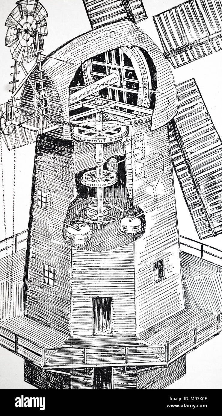 Engraving depicting a smock mill with fantail used for grinding corn ...