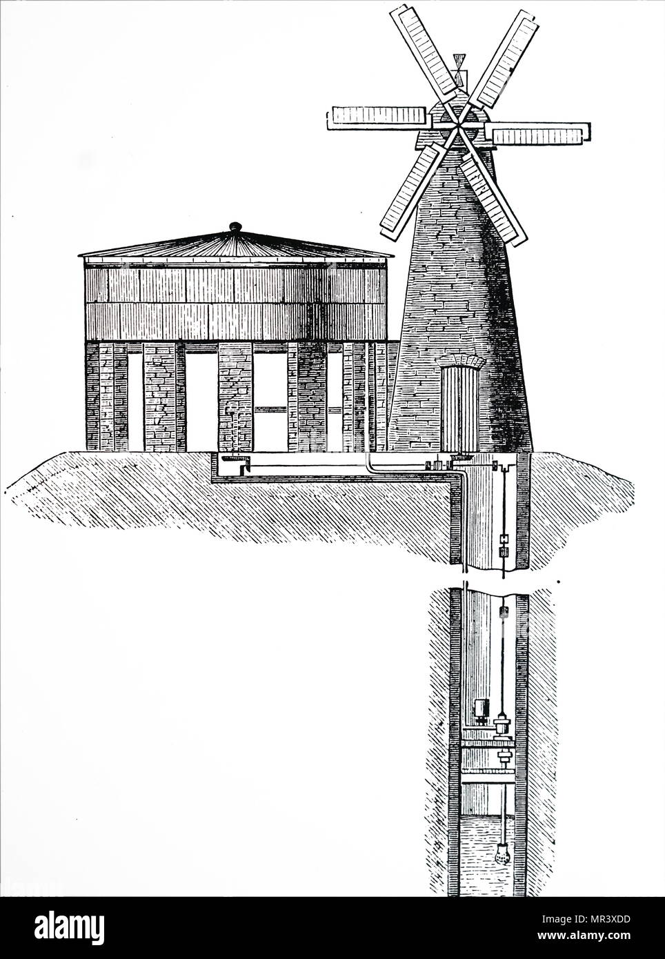 Engraving depicting a windmill used for raising water from well to ...