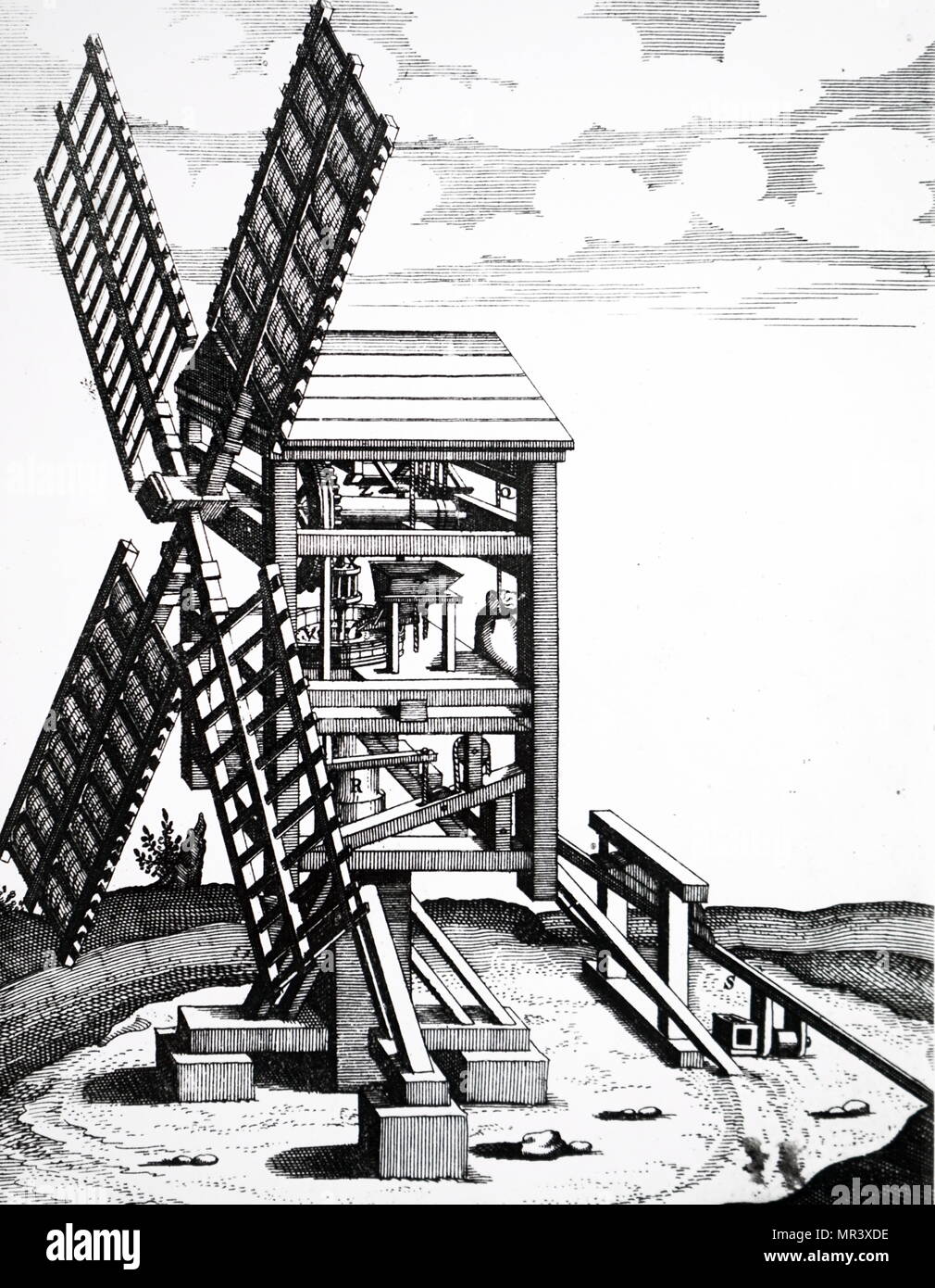 Engraving depicting a post-mill for grinding corn. Dated 17th century ...