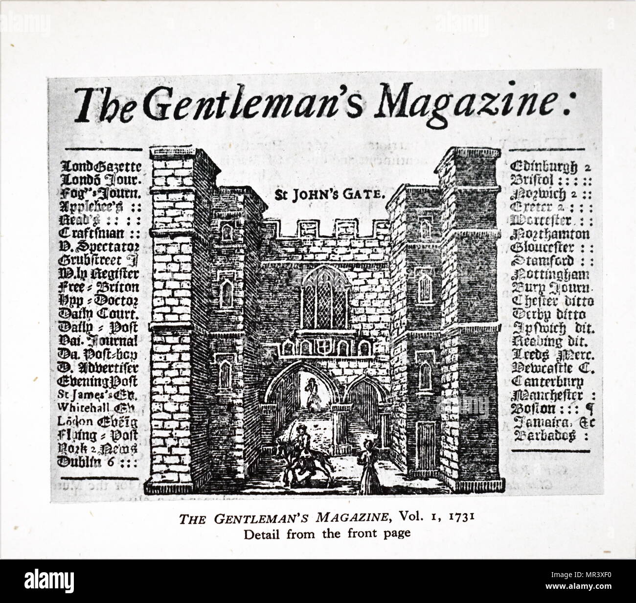 Engraving depicting an early newspaper title page. Dated 18th century ...