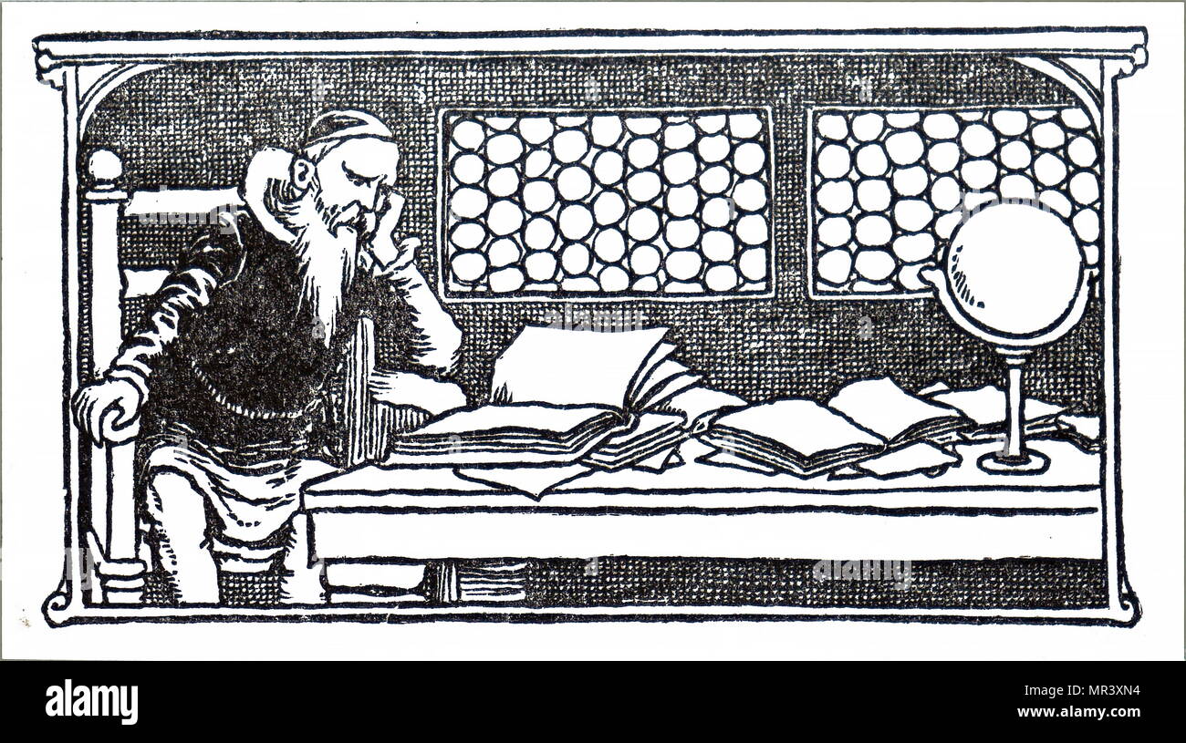 Woodblock print depicting a philosopher reading aloud. Dated 20th ...