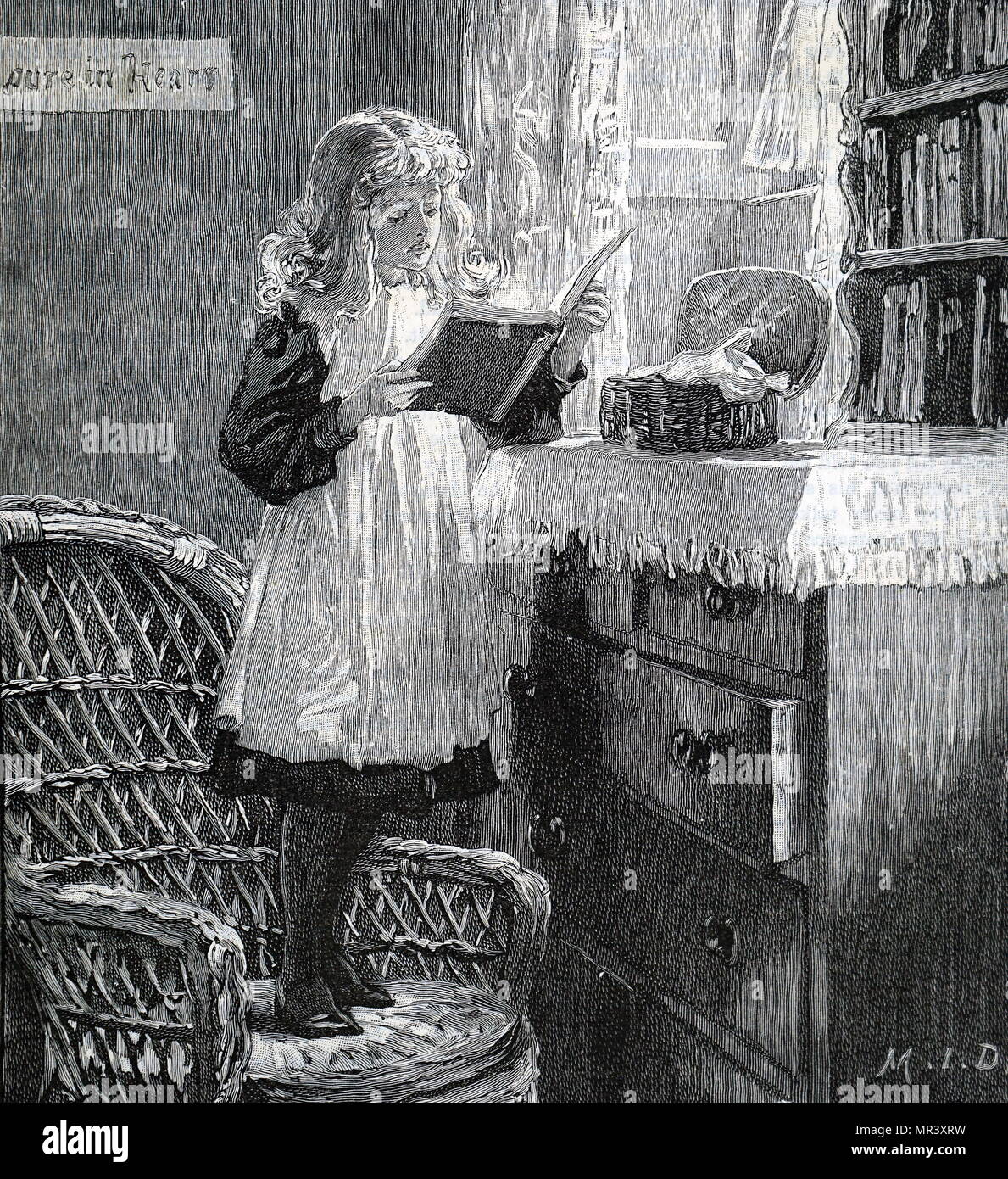 Illustration depicting a young girl reading her book whilst standing on ...