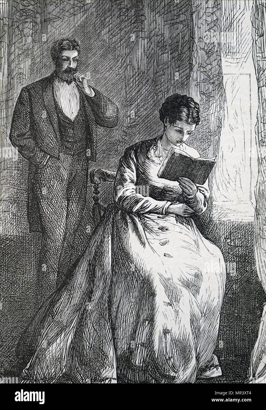 Illustration depicting a young woman reading her book. Illustrated ...