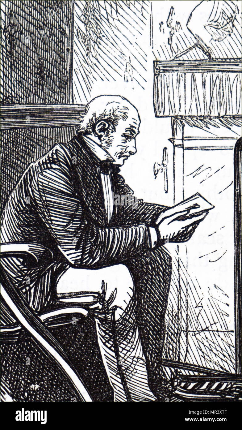 Etching depicting a older gentleman reading beside the fireplace. Dated ...