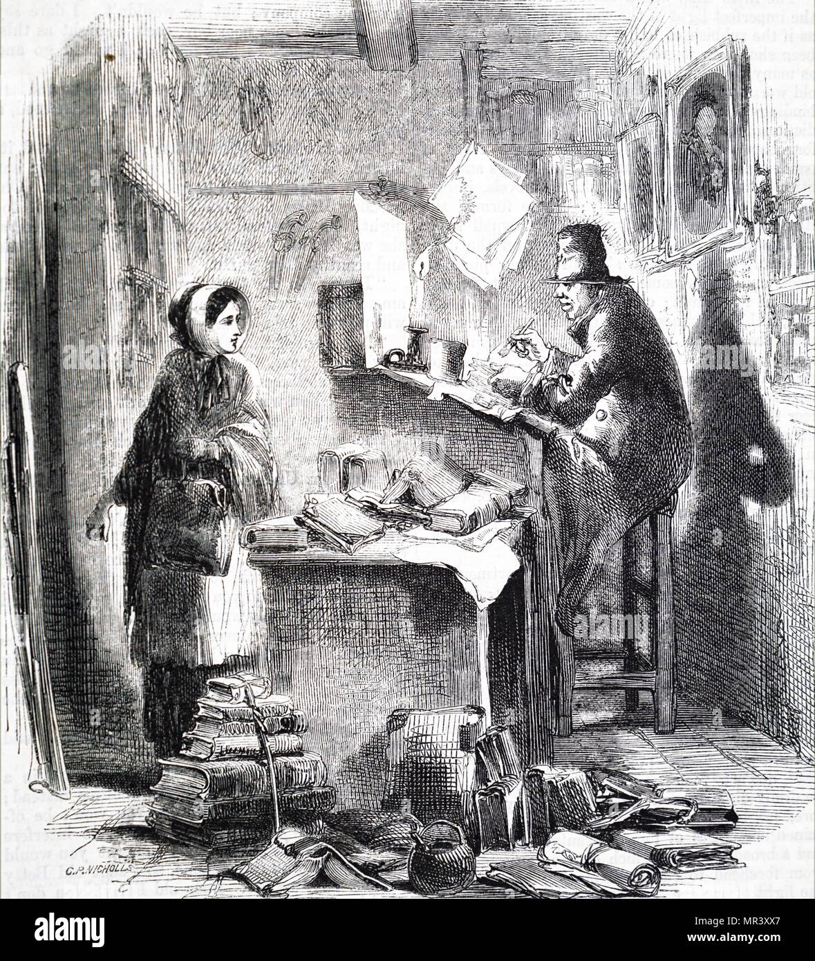 Etching titled 'Bookseller' depicting a young woman leaving the chaotic ...