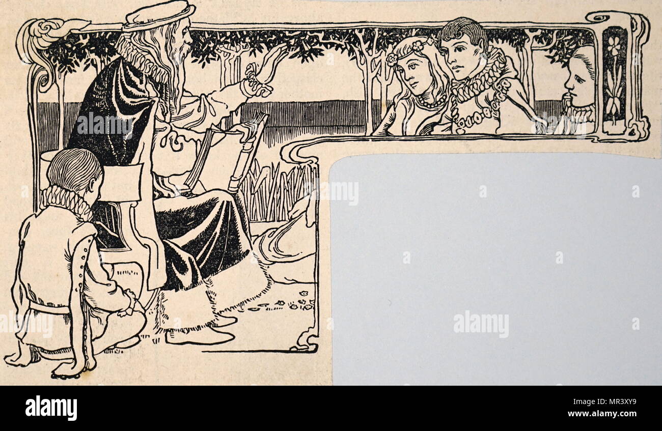 Woodblock print depicting a philosopher reading aloud. Dated 20th ...