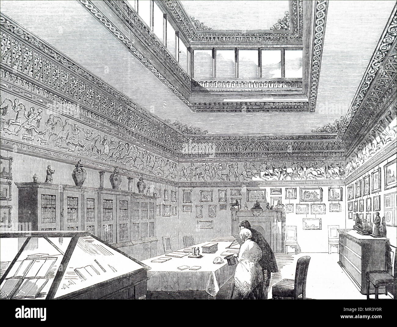Illustration depicting a typical public library. Dated 19th century ...