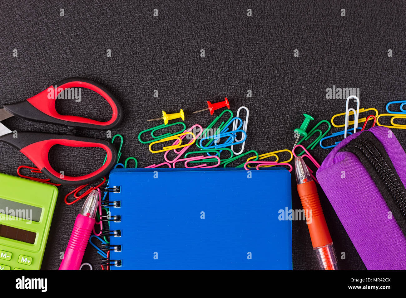 School supplies on blackboard background ready for design Stock Photo ...