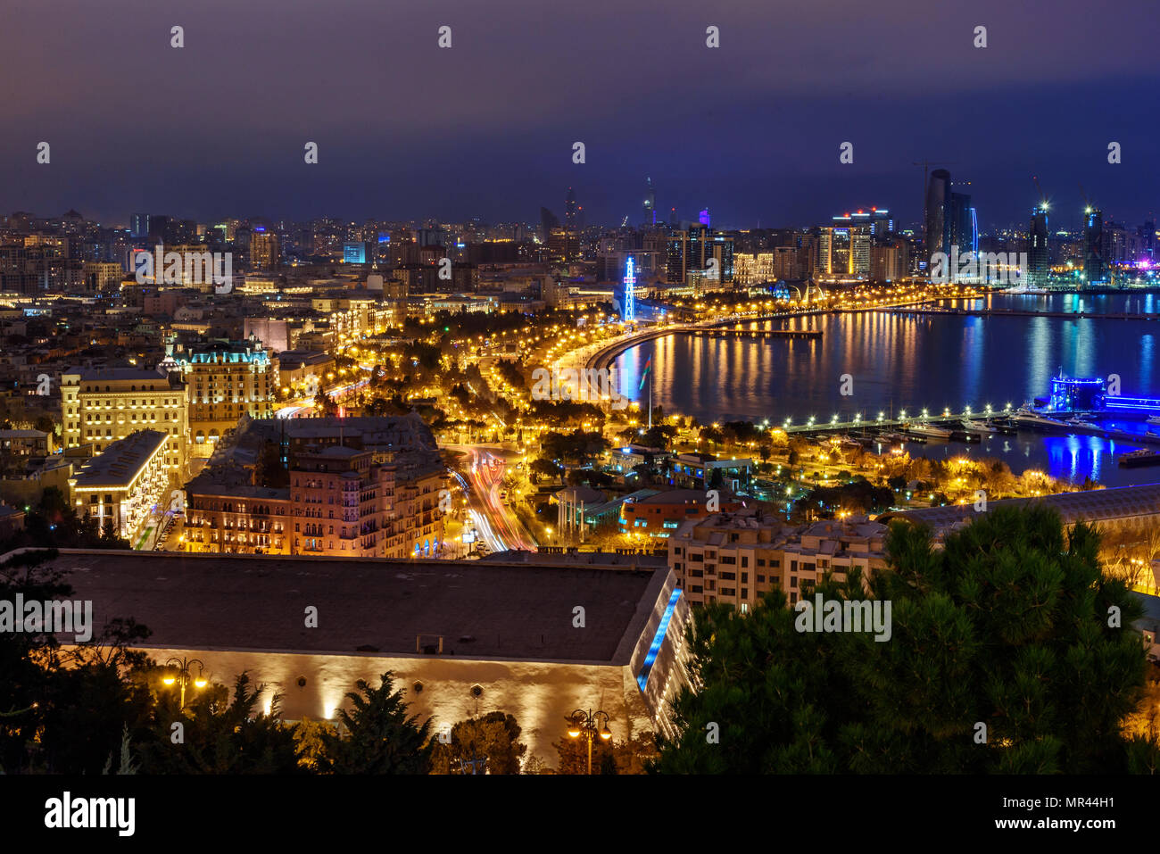 Night view of the city and Baku Seaside boulevard. Baku. Azerbaijan ...