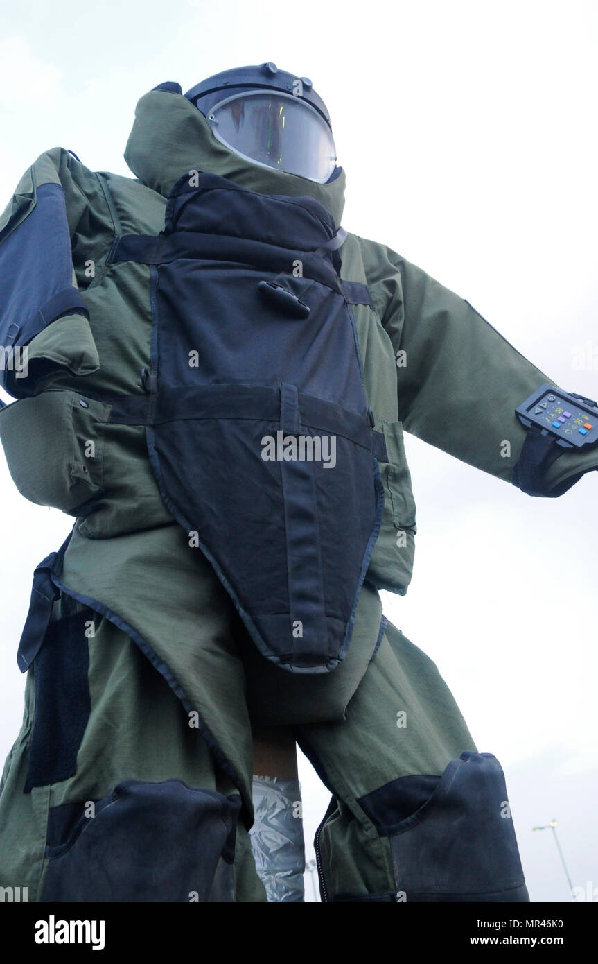 A bomb suit stands as a static display for Camp Arifjan Servicemembers ...