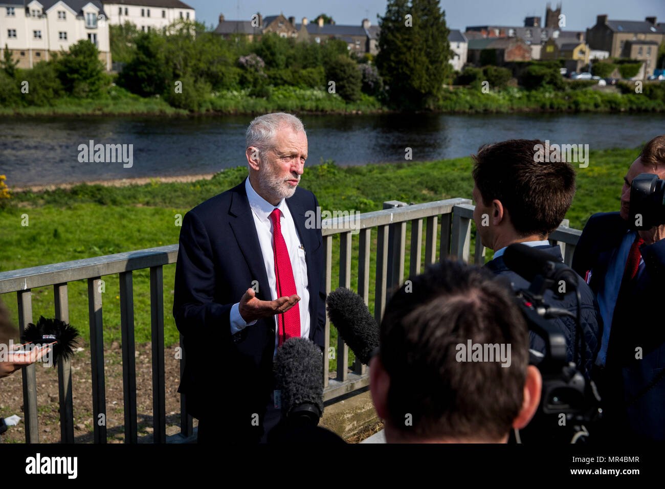 Labour leader Jeremy Corbyn is asked questions after a visit to Lifford ...