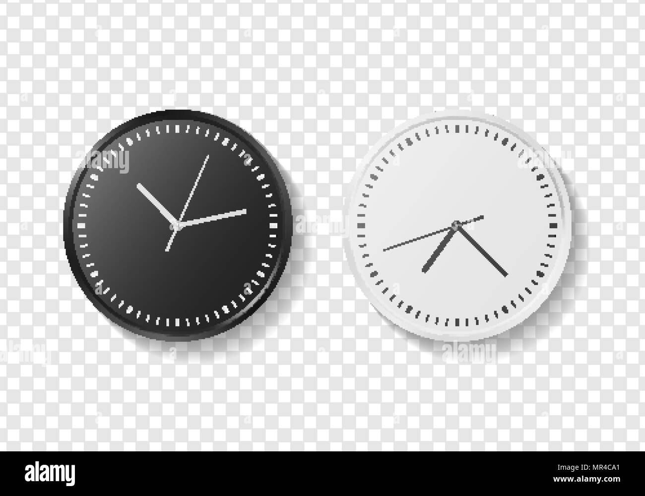 Set of black and white modern quartz wall clock on transparent ...