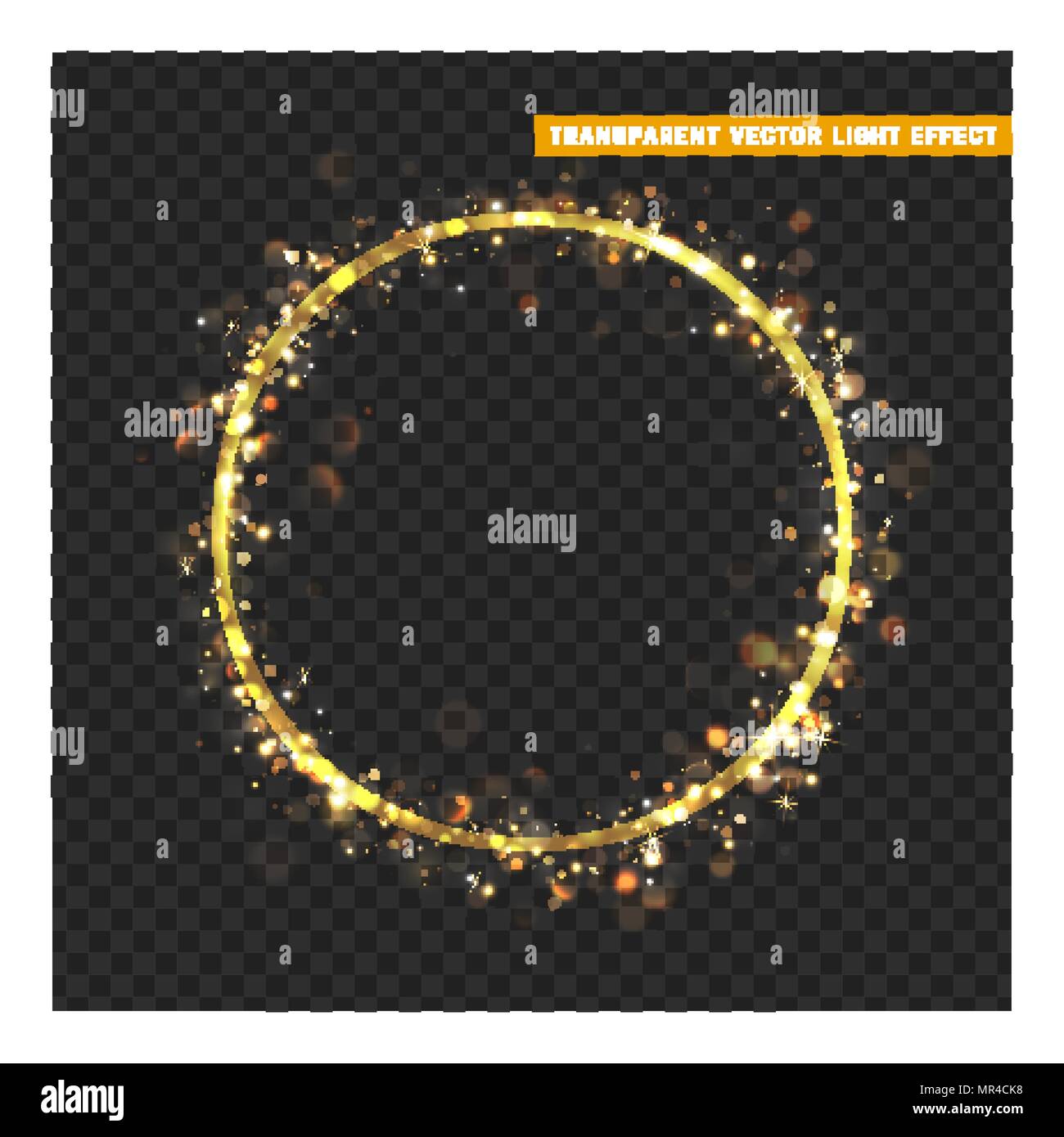 Gold circle frame with glowing lights and sparkle bokeh effects, isolated on transparent ...