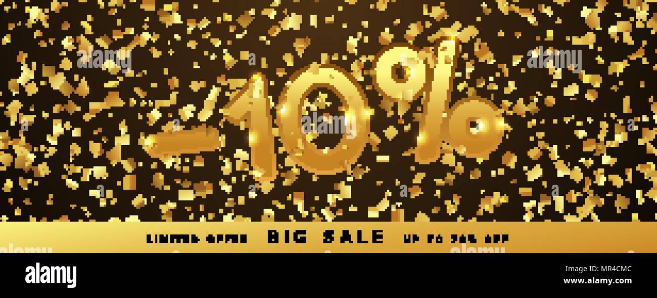 Discount voucher template design with gold confetti tinsel. Coupon card ...
