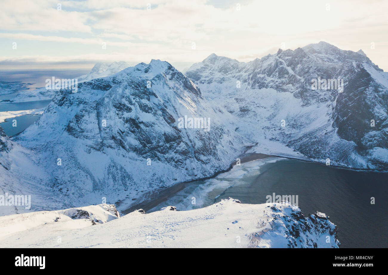 Norwegian winter sunny mountain landscape blue sky view with mountains ...