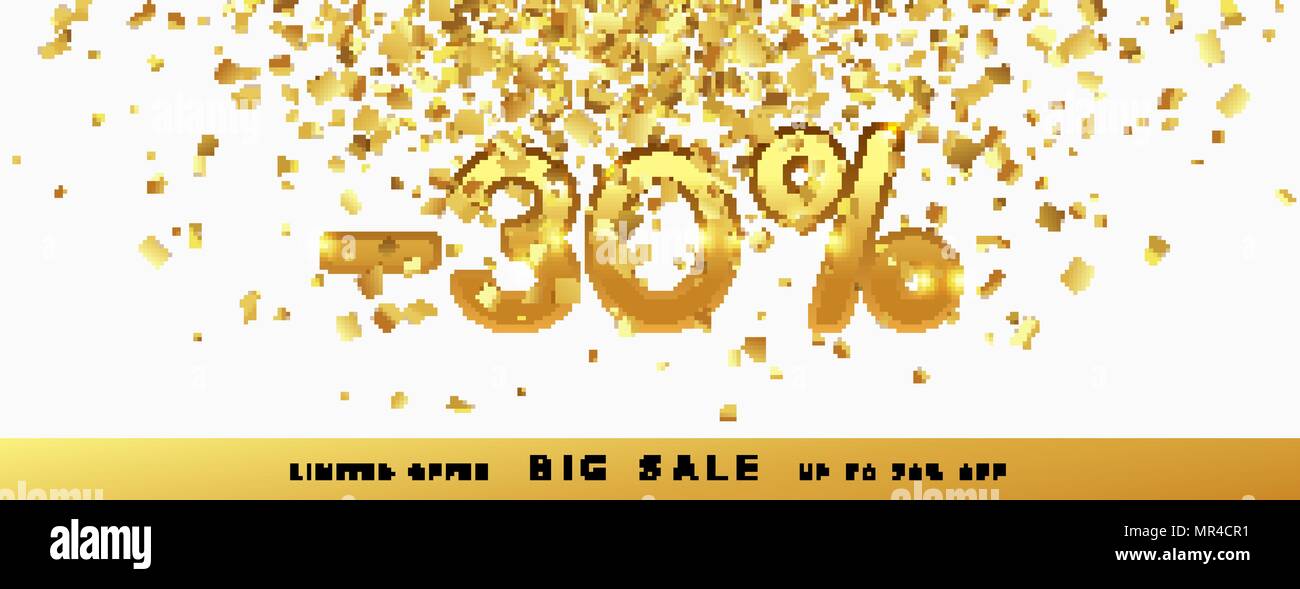 Discount voucher template design with gold confetti tinsel. Coupon card ...