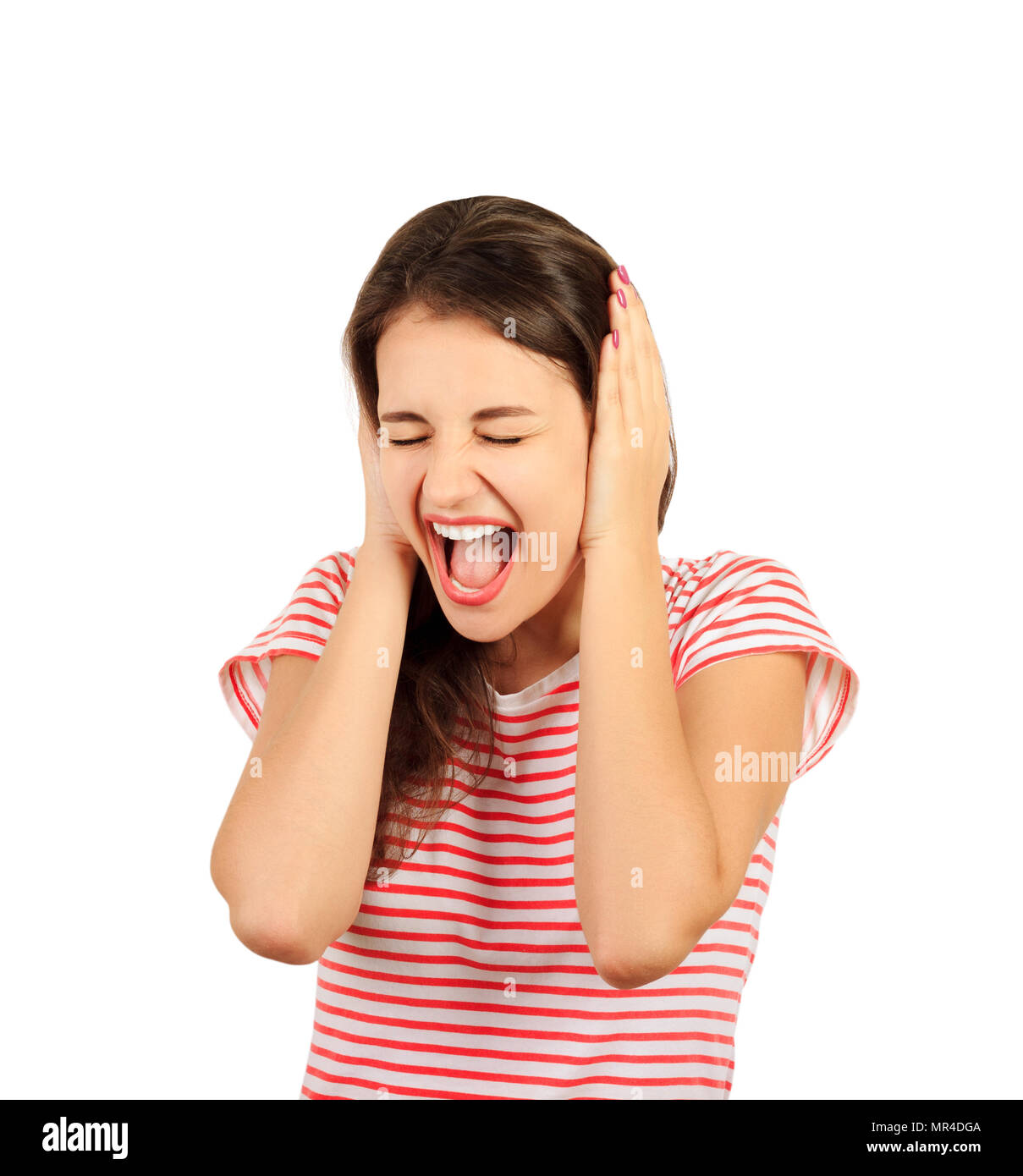 Portrait of screaming female face squeeze her ears by hand. emotional ...