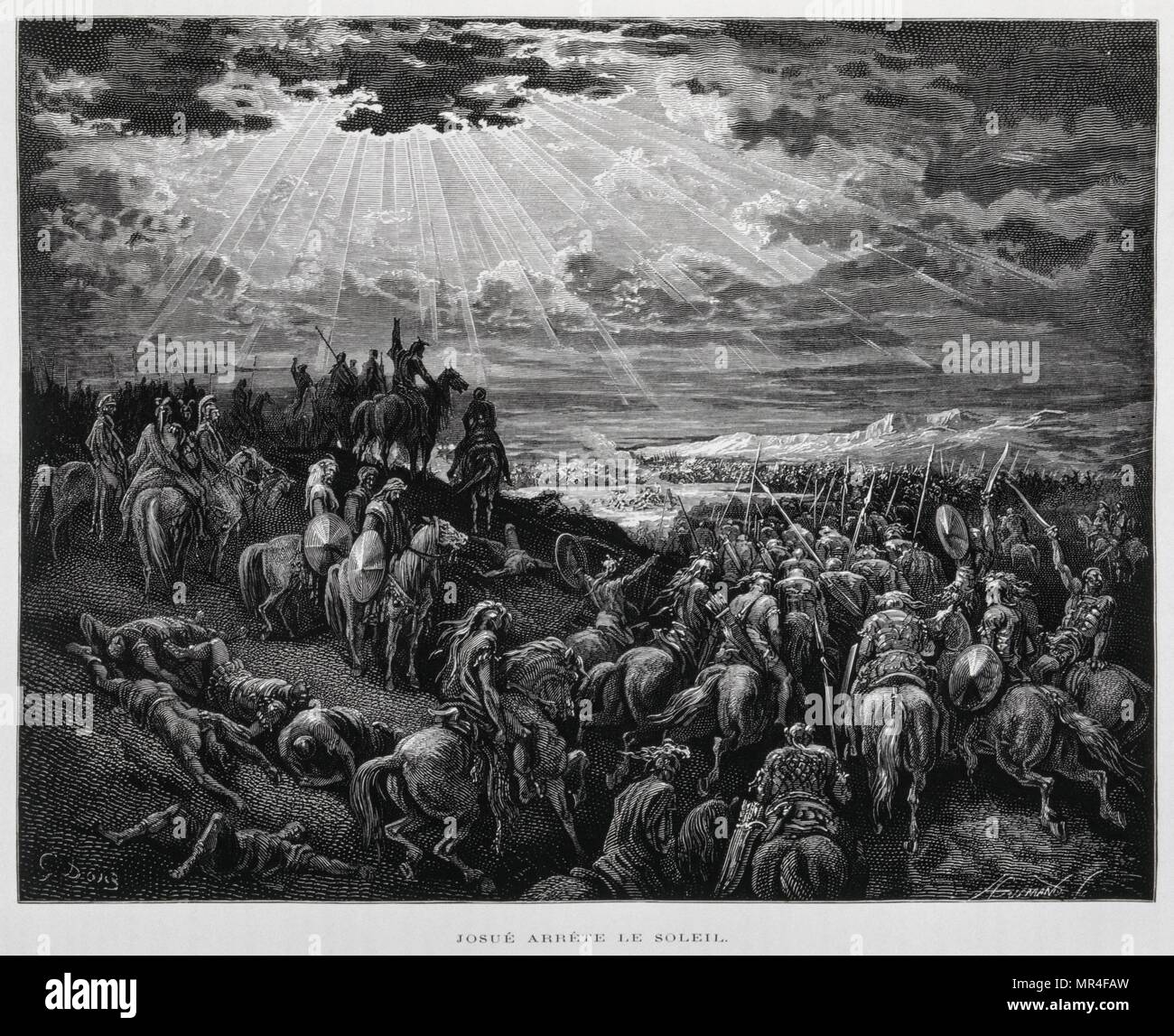 Joshua makes the sun stand still, Illustration from the Dore Bible 1866 ...
