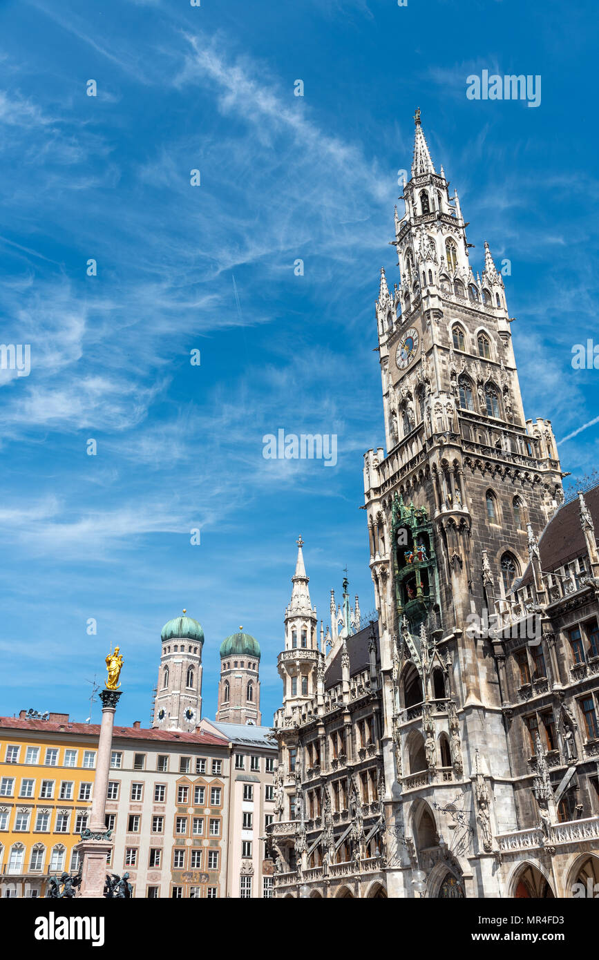 The New City Hall at the Marienplatz in Munich with the towers of the ...