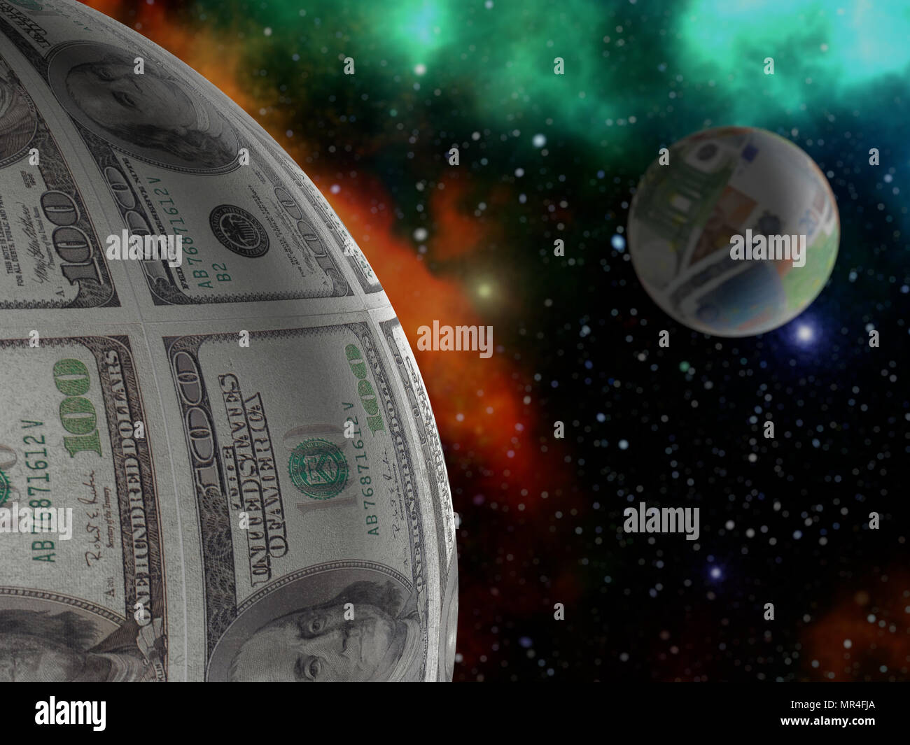 3D render of US Dollar and Euro spheres as planets in outer space Stock ...