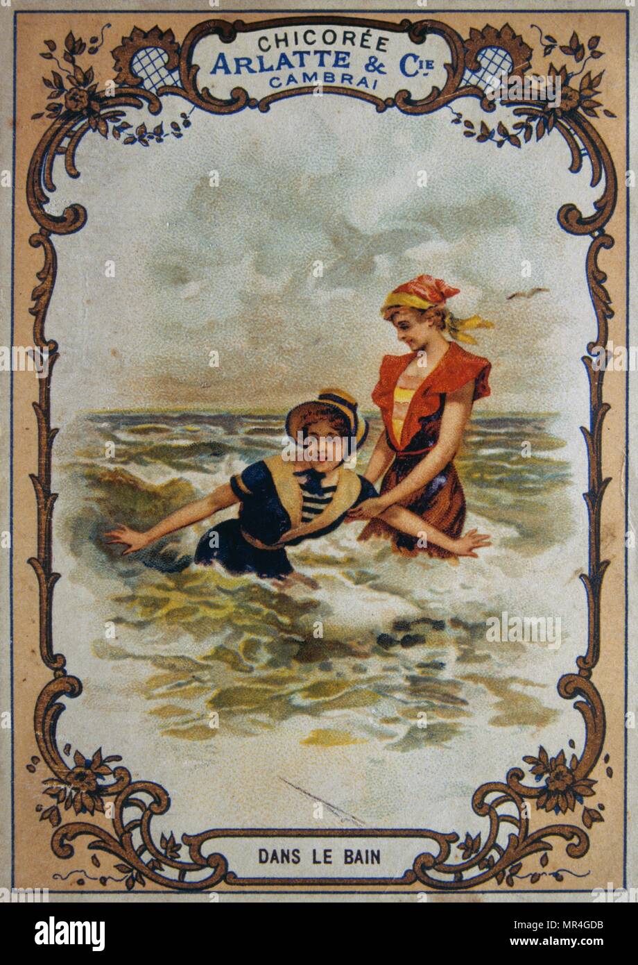 postcard depicting French women bathing in the sea near a beach 1900 ...