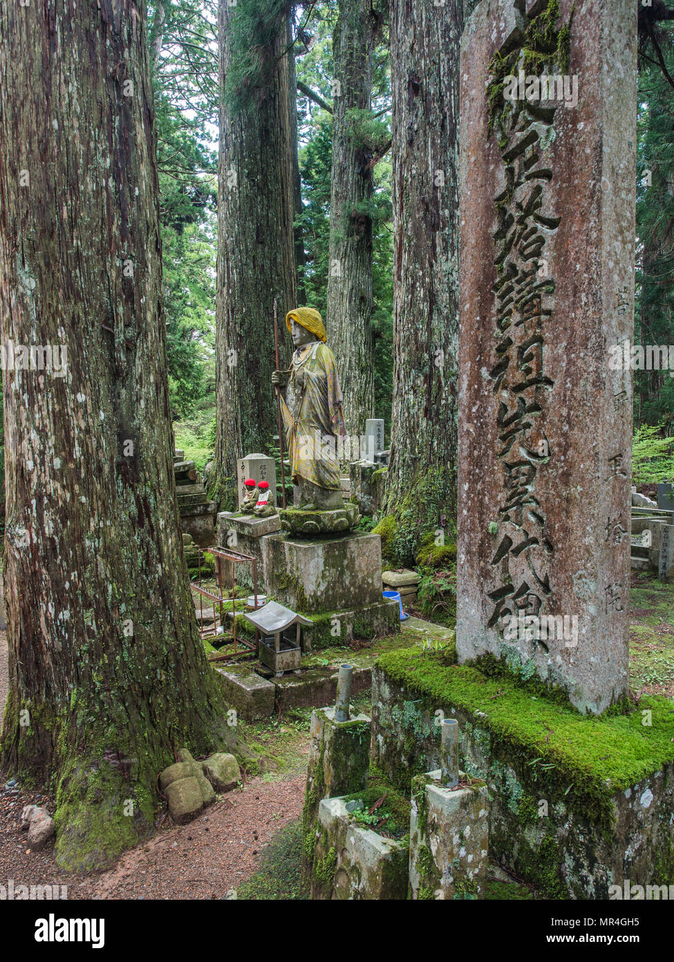 Memorial stone and statues of buddhist deities, with giant sugi trees ...