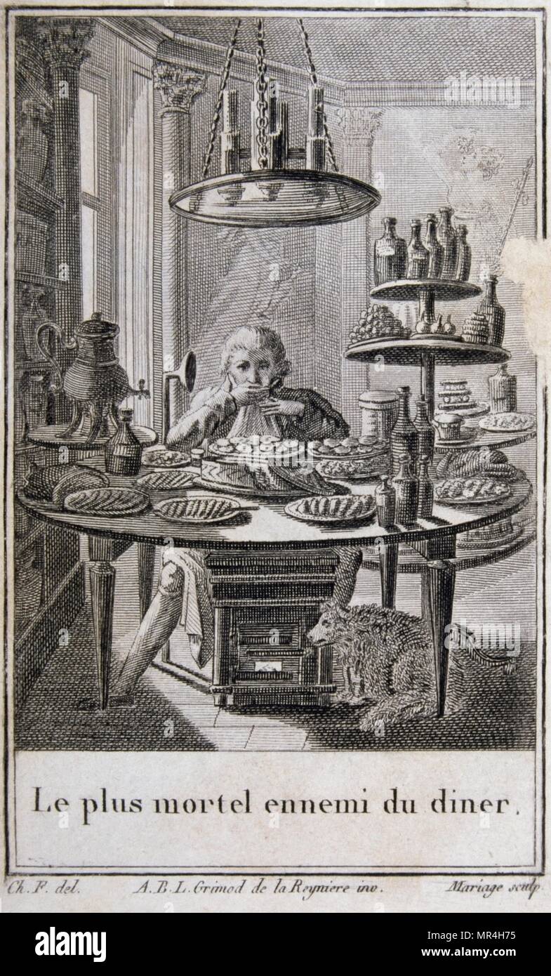 early 19th century French illustration of a man eating a feast alone ...