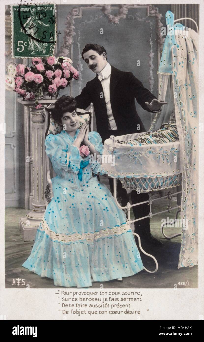 French new year postcard depicting a middle class couple in aromatic ...