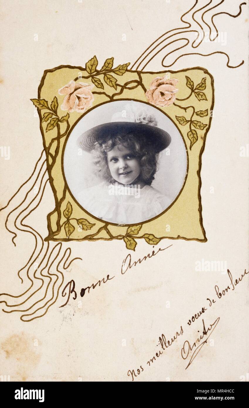 Vintage French postcard showing a smiling young girl 1900 Stock Photo ...