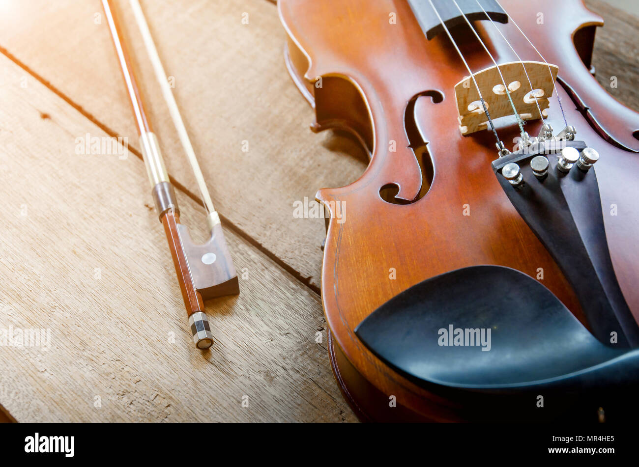 The violin on the table, Close up of violin on the wooden floor, Top ...